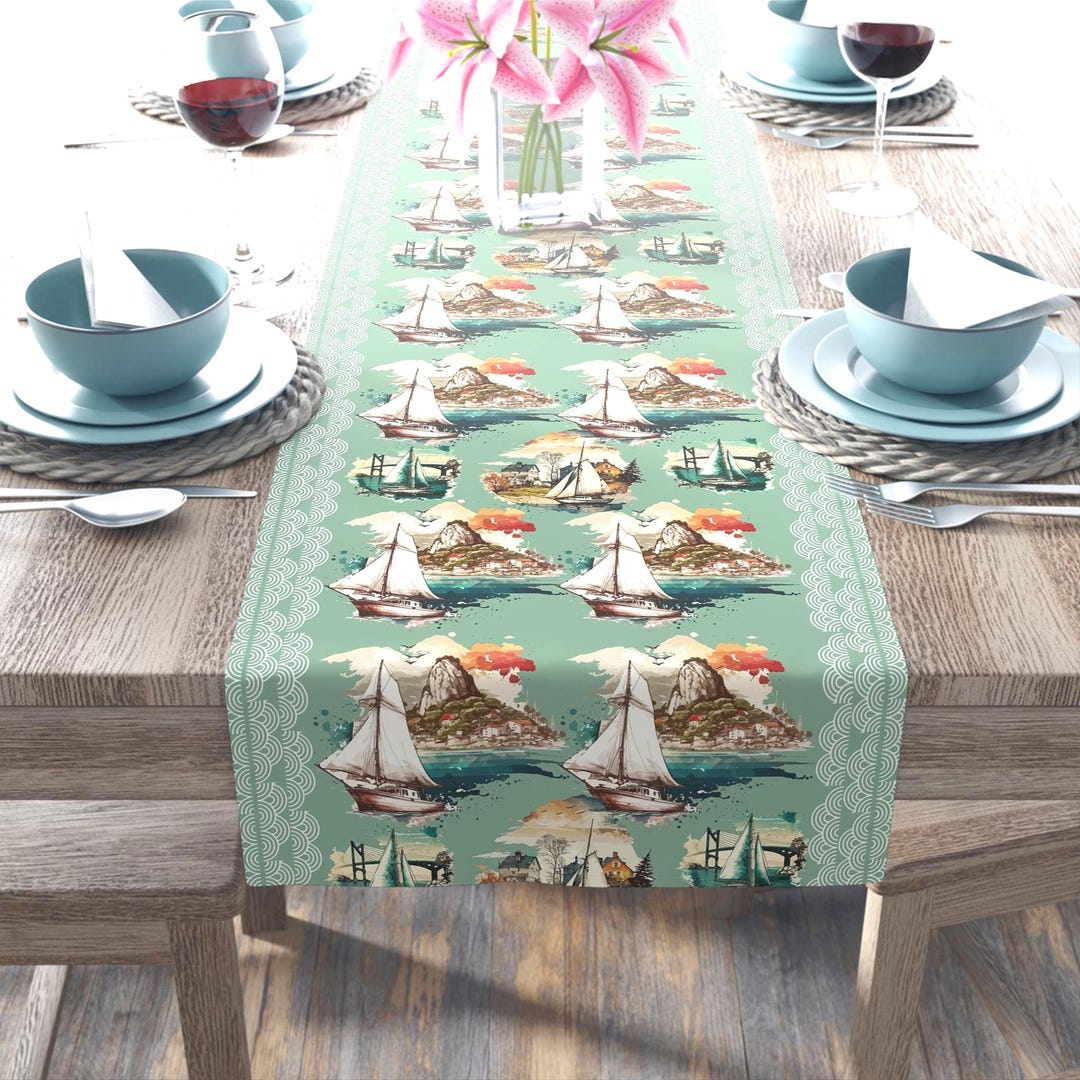 Nautical Coastal Table Runner Boat Table Decor Beach Theme Table Linen ...
