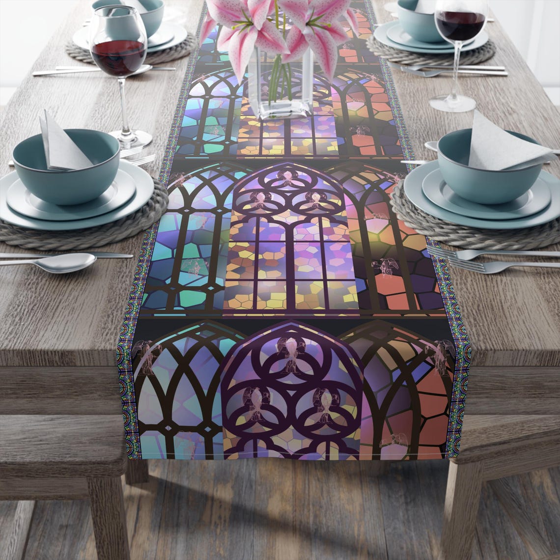 Angel Table Runner Stained Glass Biblical Christmas Decor Religious ...
