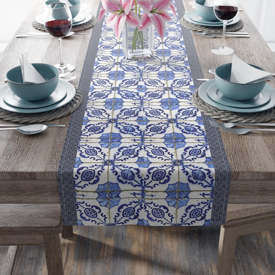 Portuguese Blue Tiled Table Runner Meditterenean Runner Traditional ...