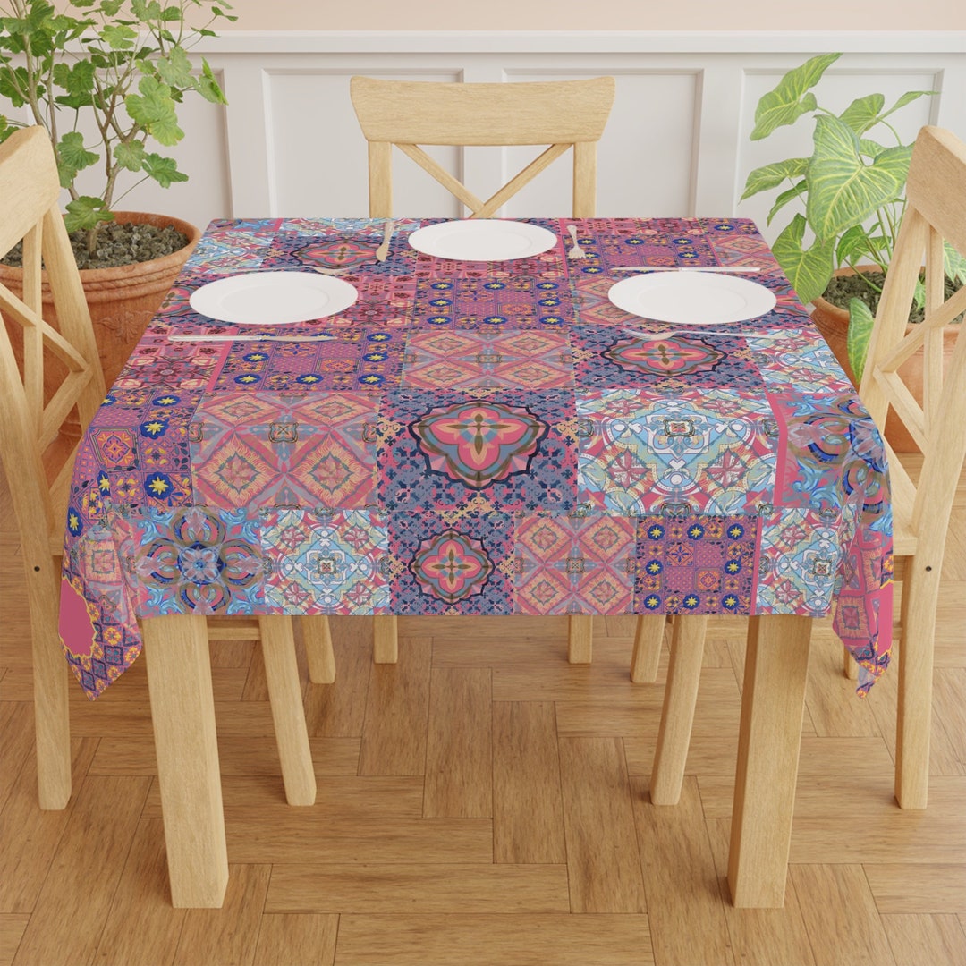 Mediterranean Blue Pink Tile Tablecloth Blue Pattern Table Cloth Blue ...