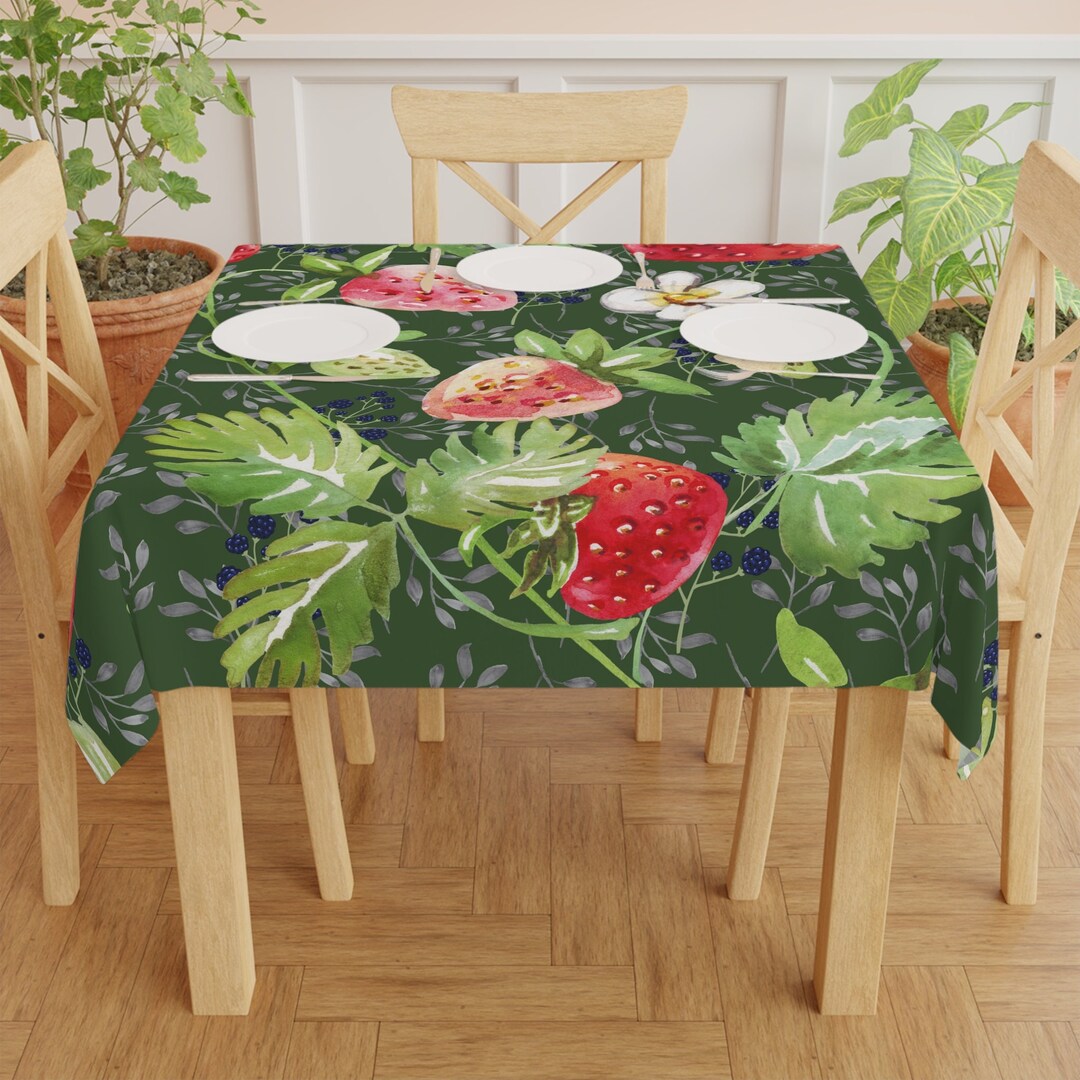 Strawberry Fruit Sage Green Tablecloth Red Summer Fruit Tablecloth ...