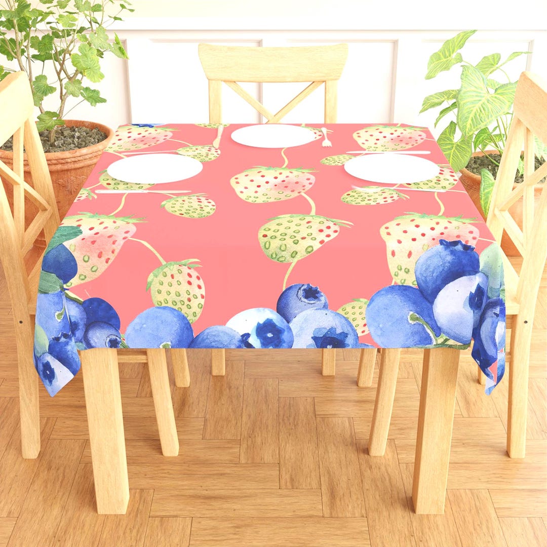 Strawberry Blueberry Print Fruit Pink Tablecloth Summer Fruit Table ...
