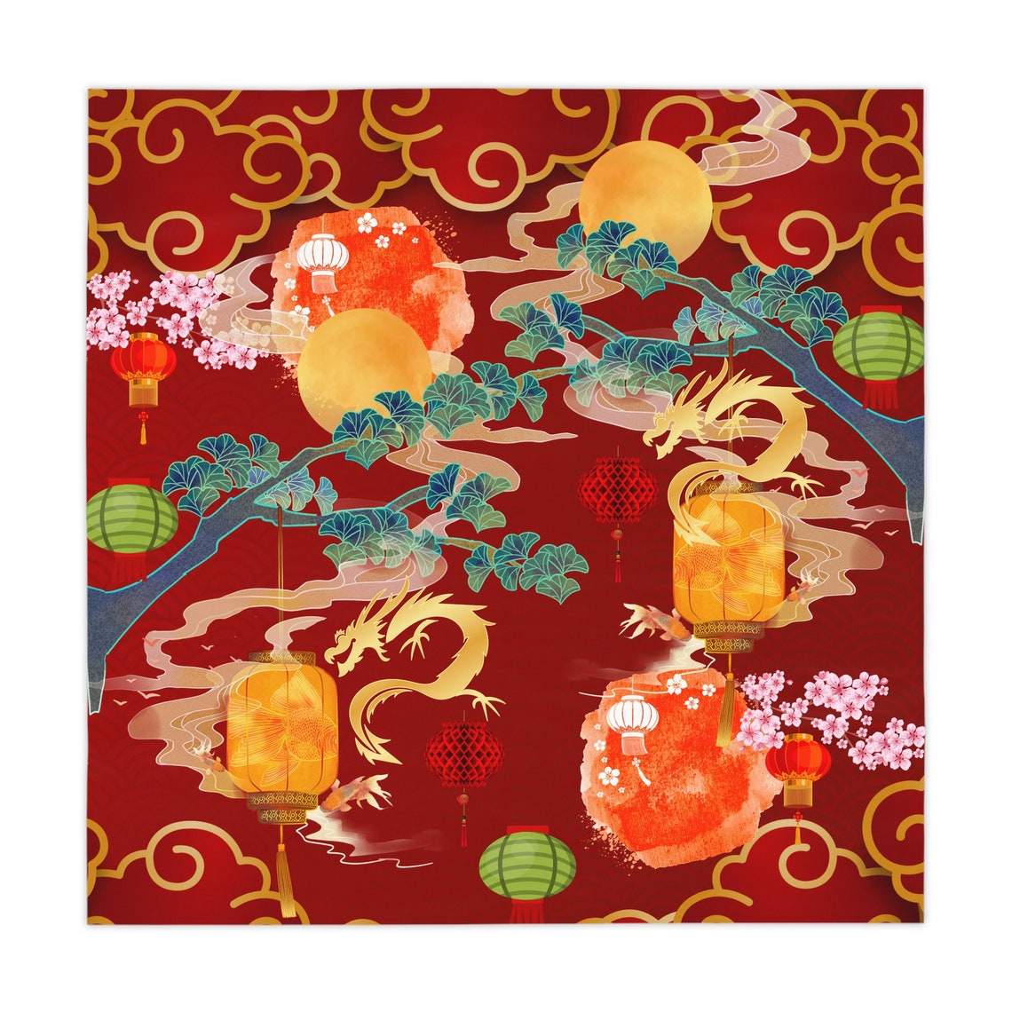 Chinoiserie Print Red Tablecloth Chinese New Year Table Cloth Asian ...