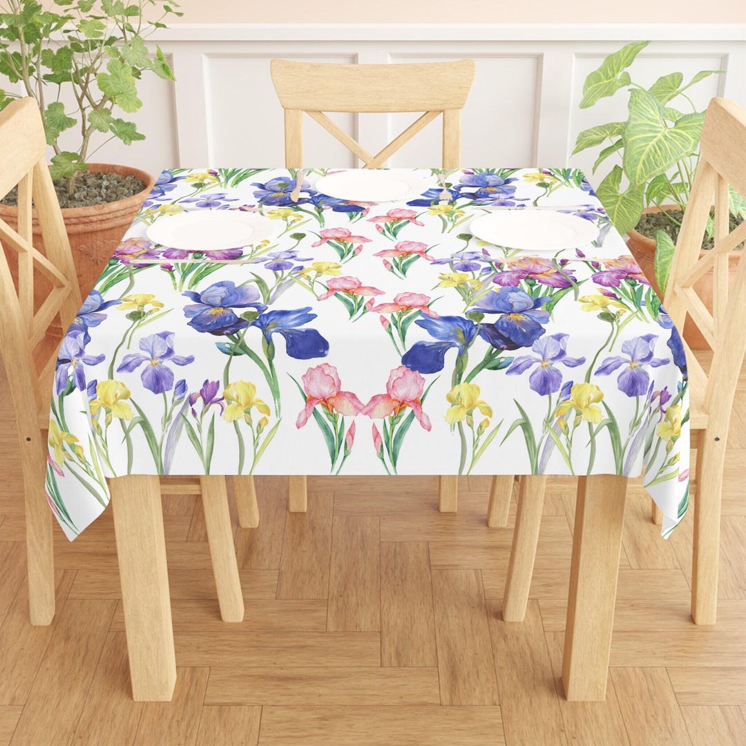 Iris Floral Table Cloth White Iris Flower Theme Table Cloth Iris Dining Kitchen Room Decor Iris ...