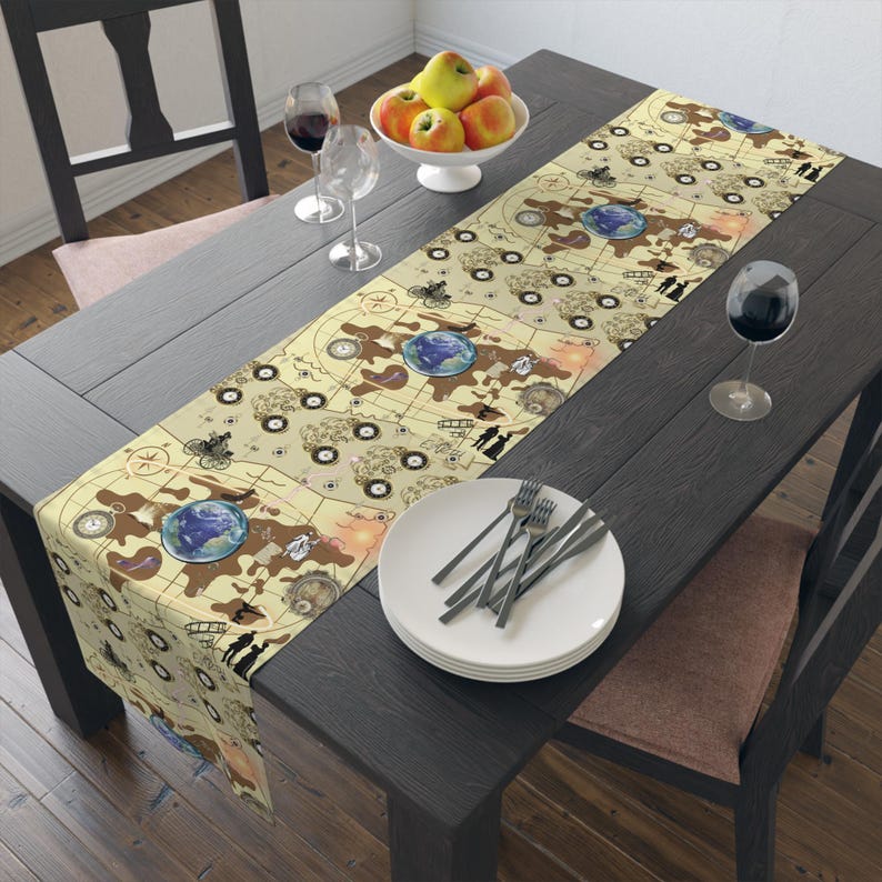 World Map Table Runner Time Travel Table Global Table Linen Adventure ...