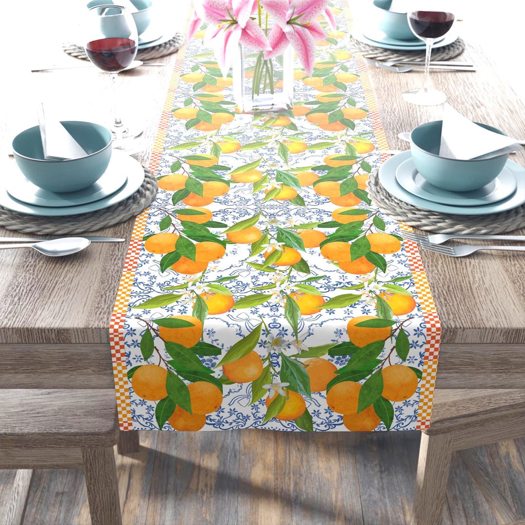 Orange Fruit Table Runner Citrus Runner on Blue Tile Citrus Table ...