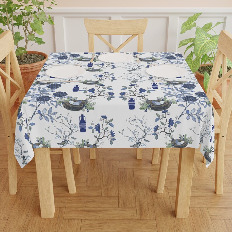 Chinoiserie Tablecloth White and Blue Floral Table Cloth Asian Theme ...