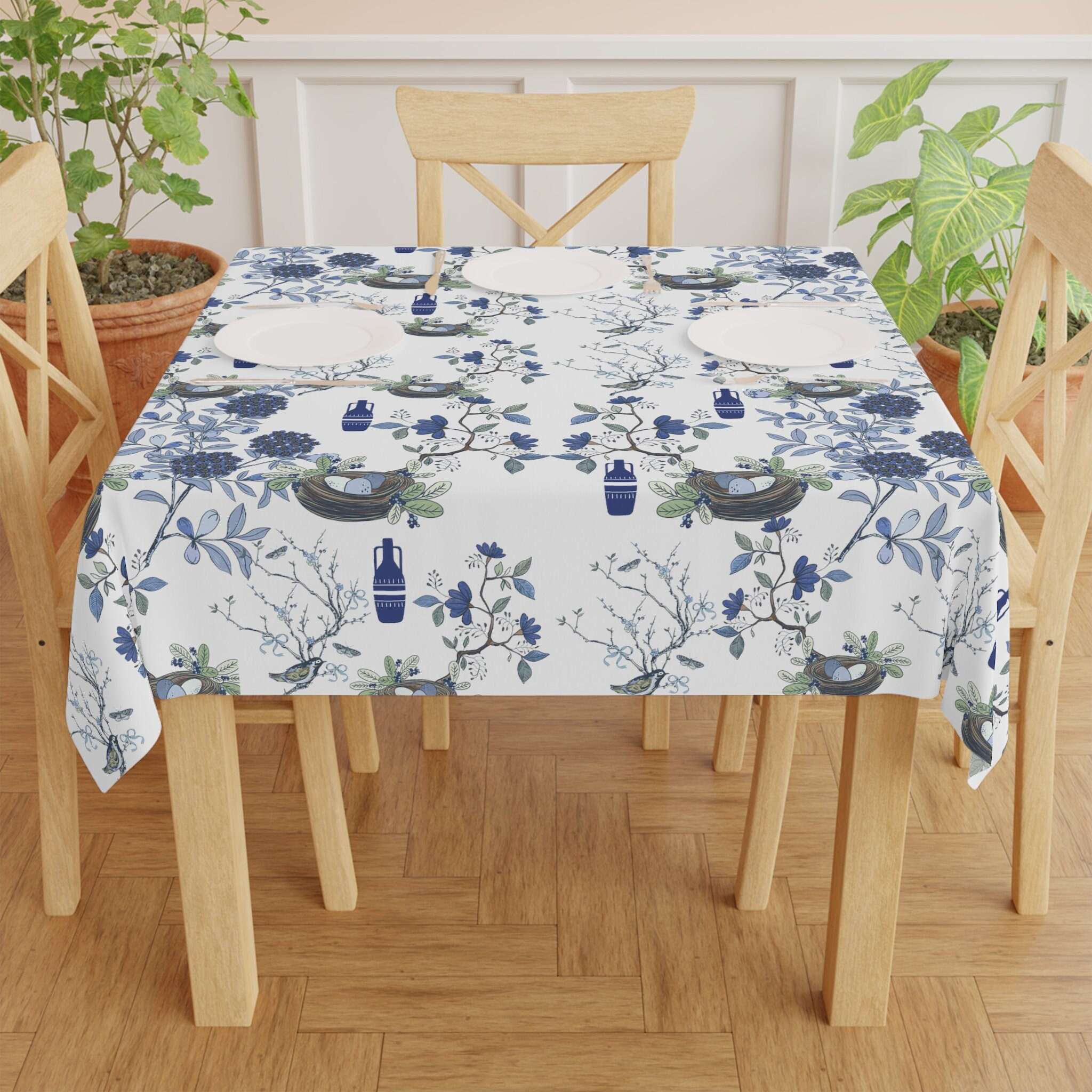 Chinoiserie Tablecloth White and Blue Floral Table Cloth Asian Theme ...