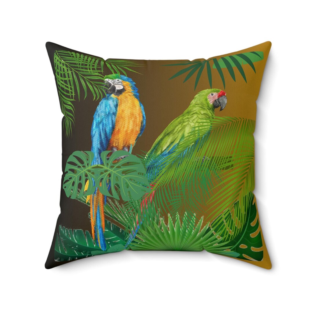 Jungle Parrot Pillow Green Tropical Bird Throw Pillow Botanical Leaf ...