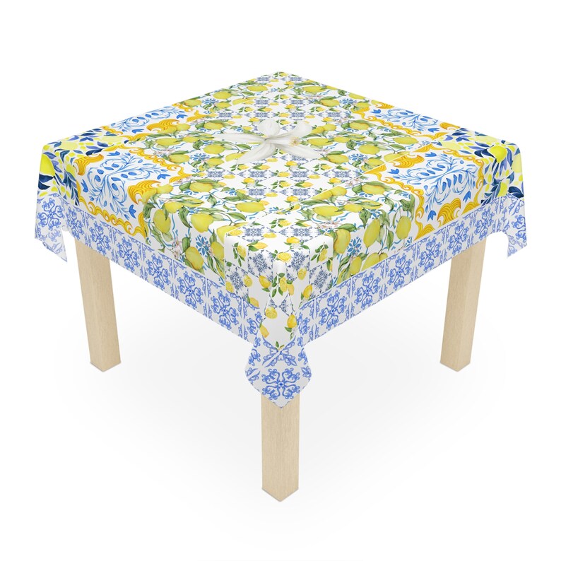 Mediterranean Blue Tiled Tablecloth Citrus Fruit Table Cloth Lemon ...