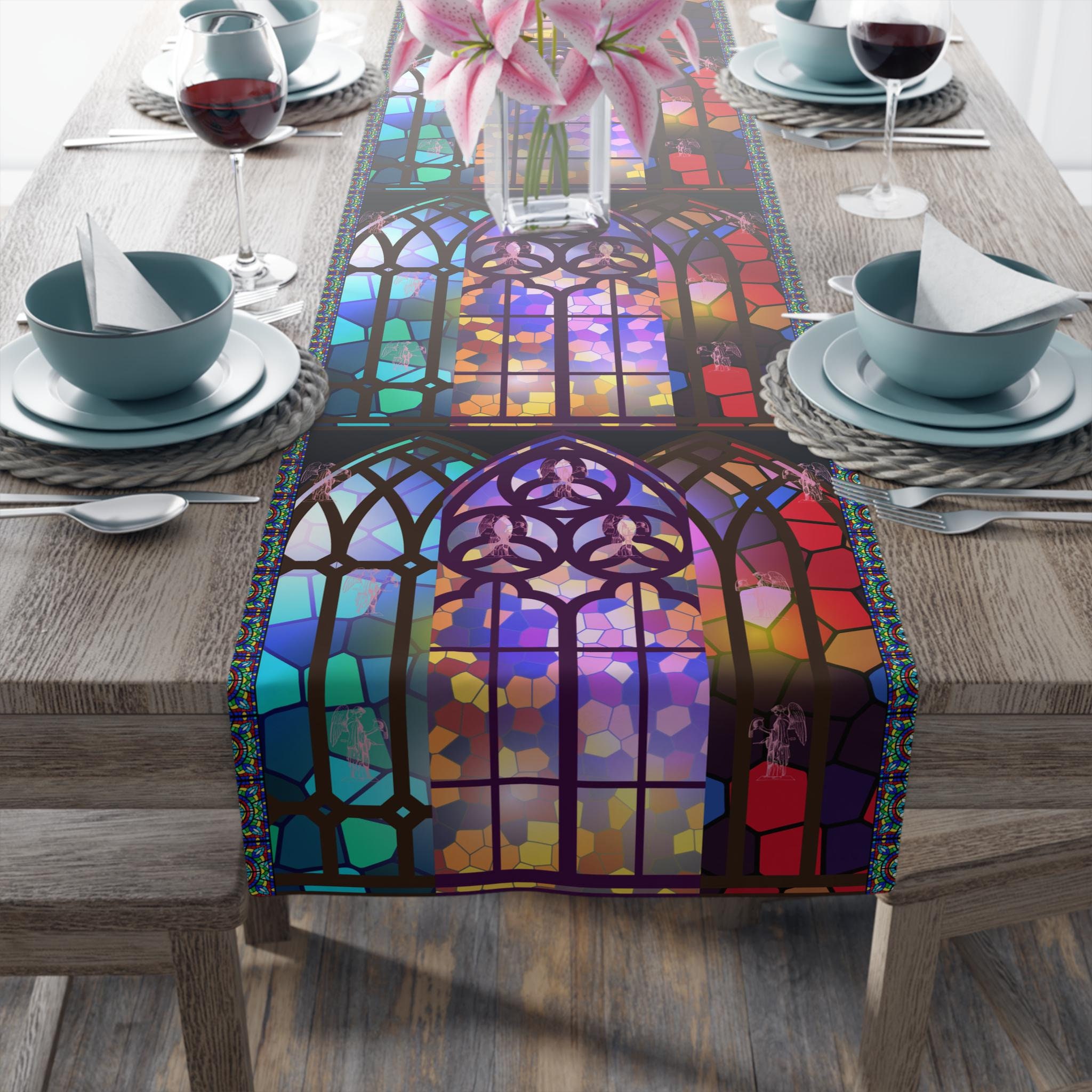 Angel Table Runner Stained Glass Biblical Christmas Decor Religious ...