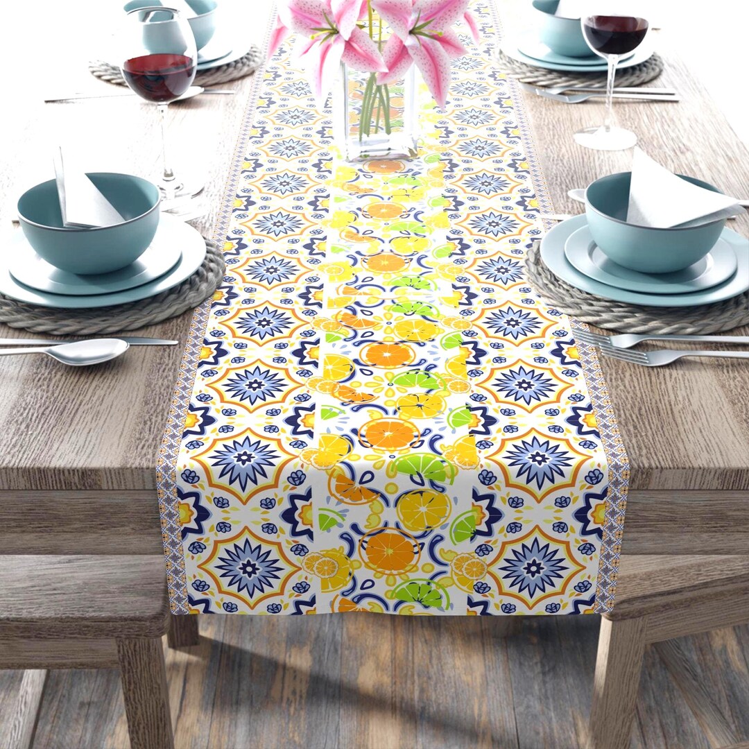 Orange Fruit Table Runner Citrus Runner on Italian Blue Tile ...