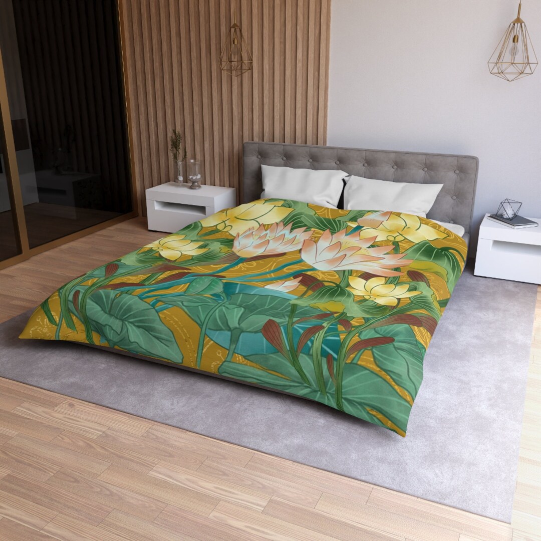 Lotus Floral Microfiber Duvet Cover Lotus Bedding Lotus Bed Linen Lotus ...
