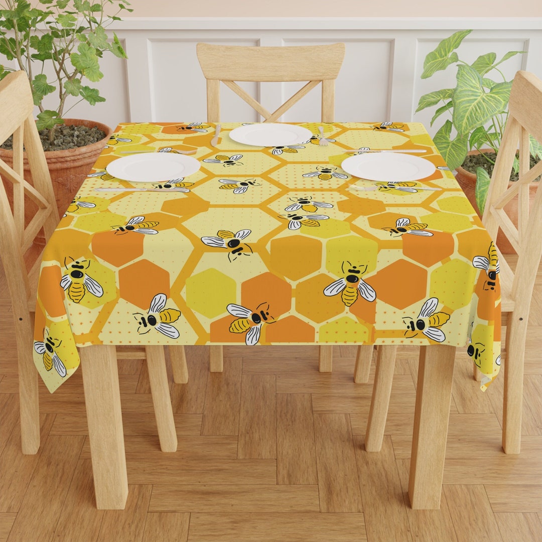 Honey Bee Print Pattern Yellow Square Tablecloth Honey Comb Theme ...