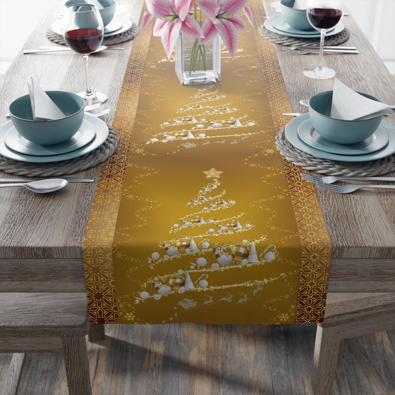 Christmas Tree Golden Table Runner Xmas Theme Table Runner Gold Table ...