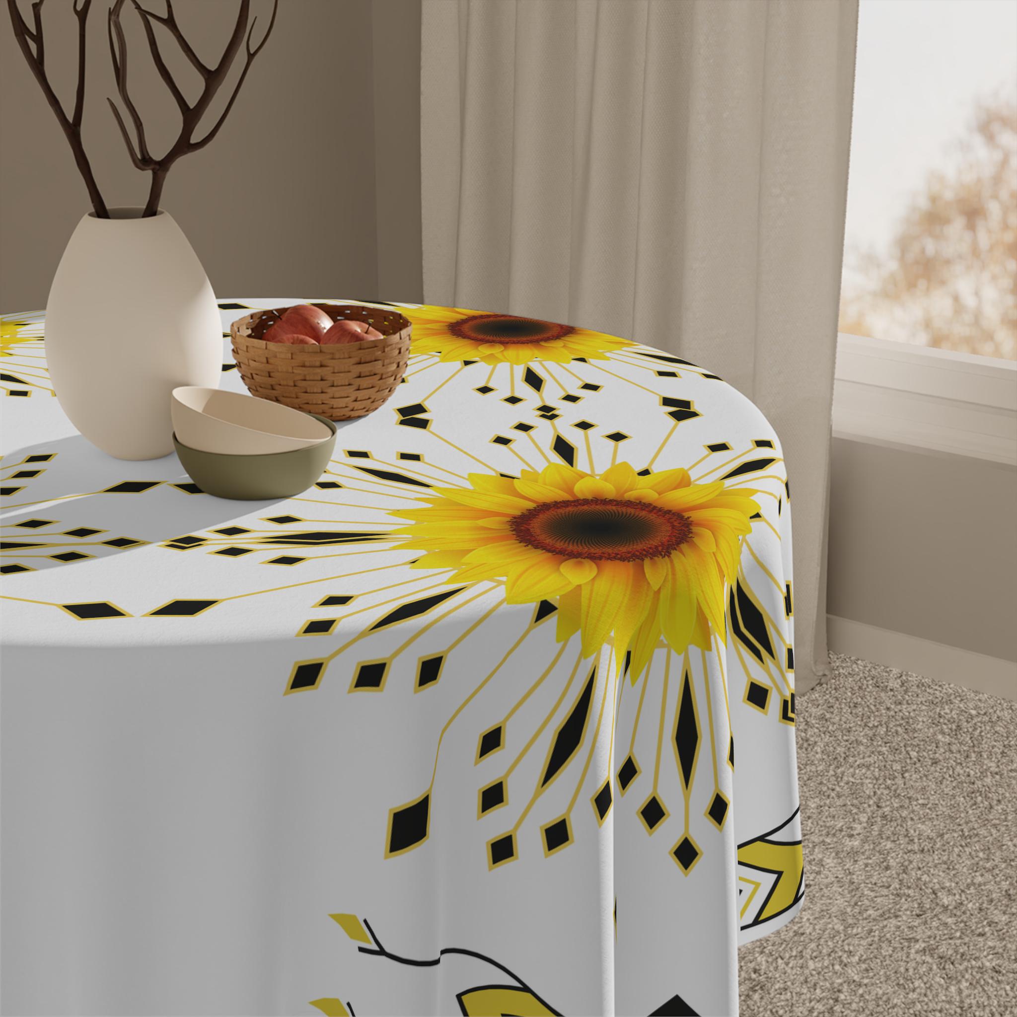 Sunflower Floral Print White Tablecloth Sunflower Sun Motif Tablecover ...