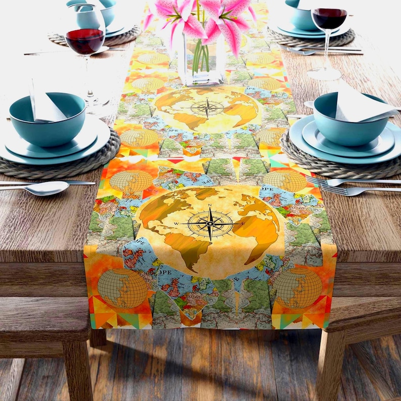 World Map Collage Table Runner Global Theme Table Decor World Map Table ...