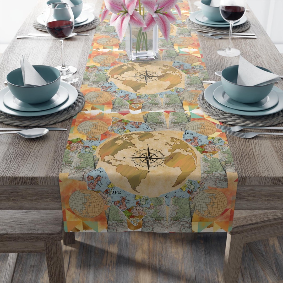 World Map Collage Table Runner Global Theme Table Decor World Map Table ...