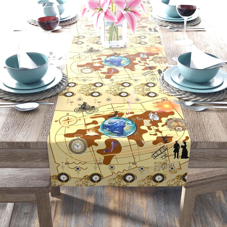 World Map Table Runner Time Travel Table Global Table Linen Adventure ...
