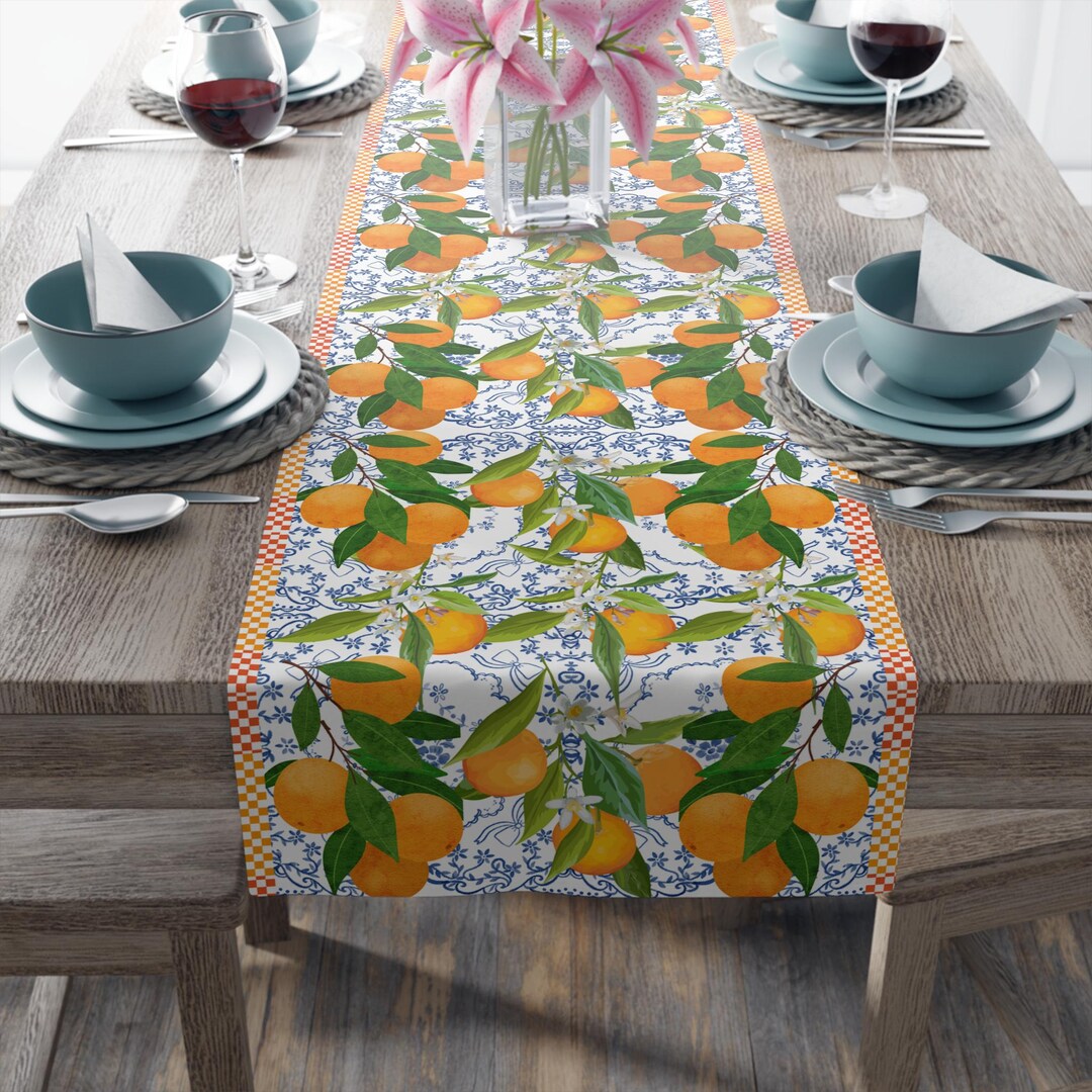 Orange Fruit Table Runner Citrus Runner on Blue Tile Citrus Table ...