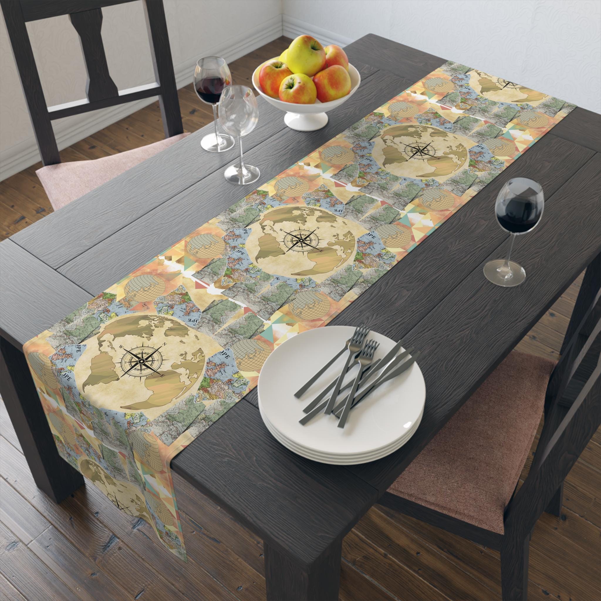 World Map Collage Table Runner Global Theme Table Decor World Map Table ...