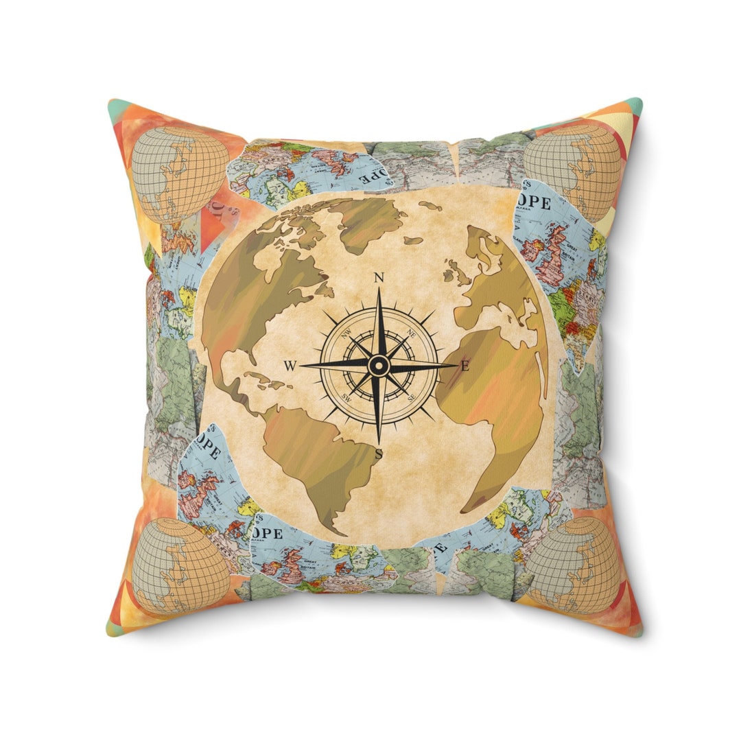 World Map Throw Pillow Map Collage Travel Sofa Tapestry Cushion Globe ...