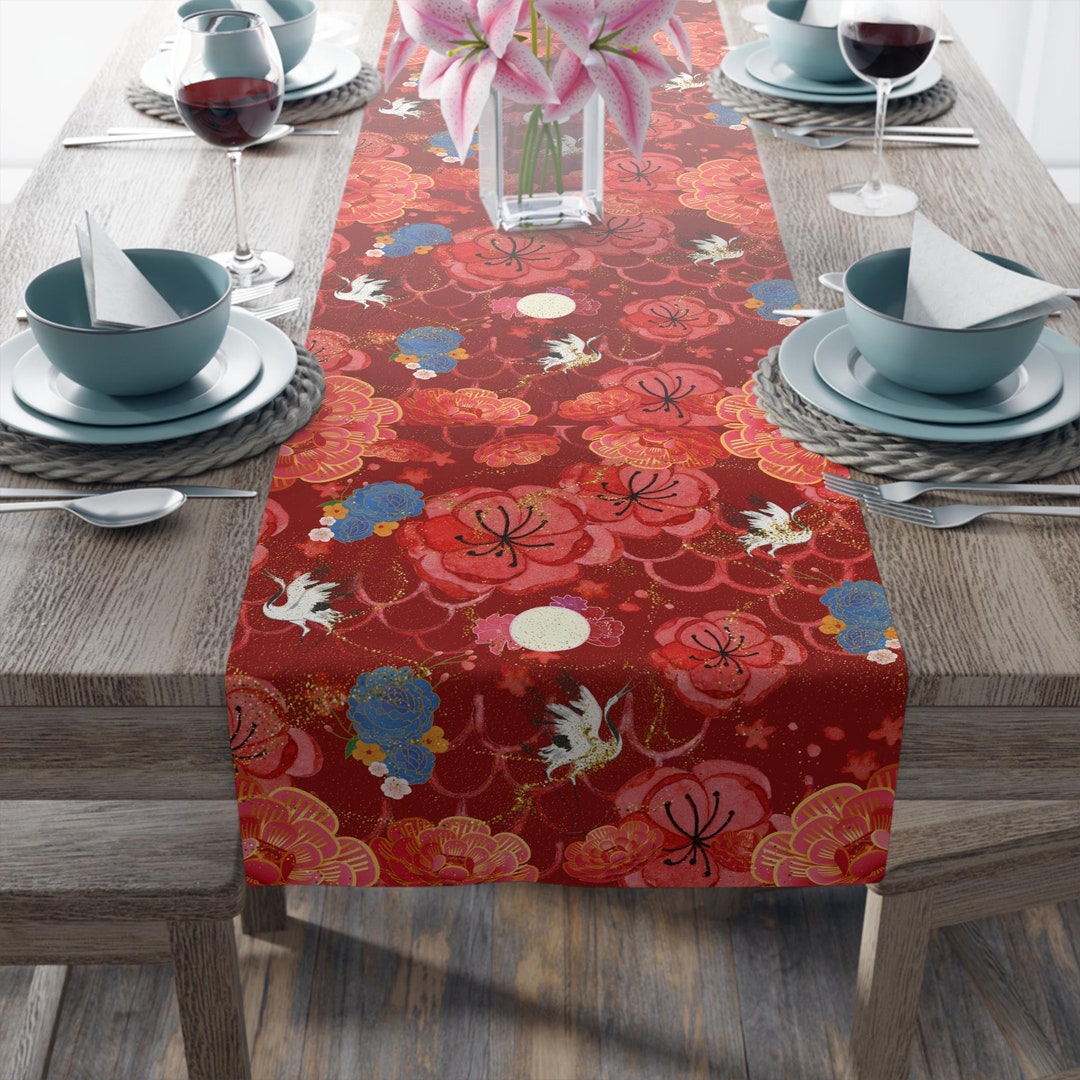 Chinoiserie Floral Red Table Runner Chinese Pheasant Table Runner ...