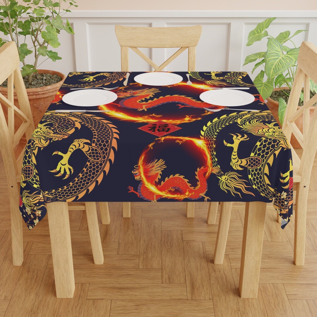 Dragon Print Tablecloth Chinese New Year Blue Table Cloth China Lunar ...