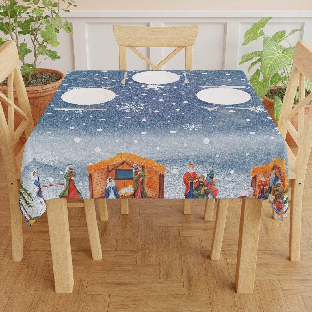 Nativity Scene Christmas Tablecloth Festive Blue Nativity Table Cloth ...