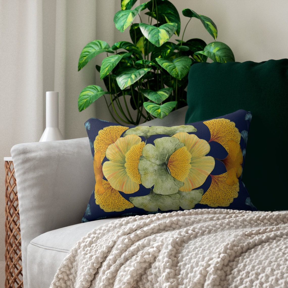Gingko Lumbar Pillow Ginkgo Leaf Print Navy Blue Throw Gingko Colourful ...