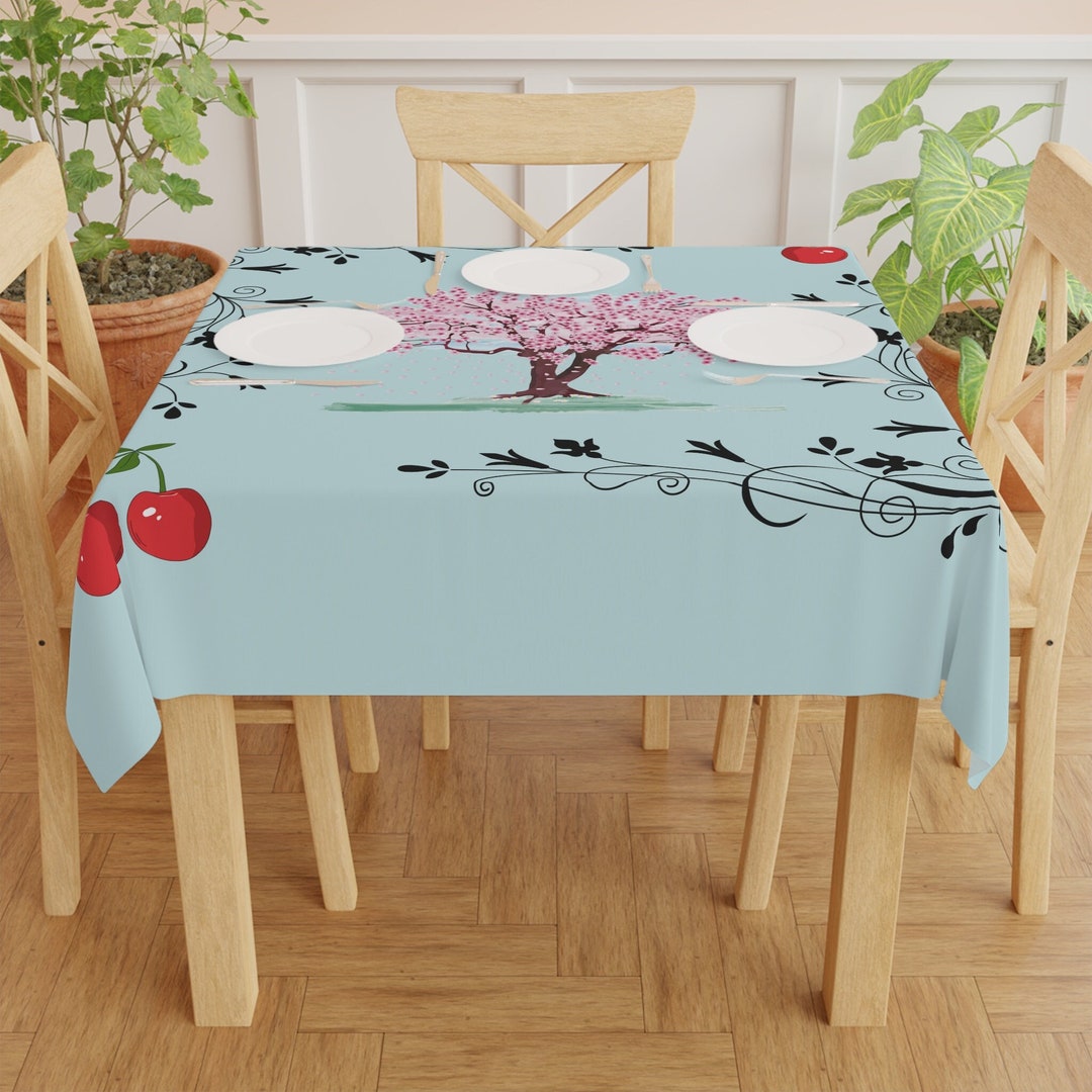 Cherry Print Tablecloth Cherry Blossom Floral Table Cherry Linen Blue ...