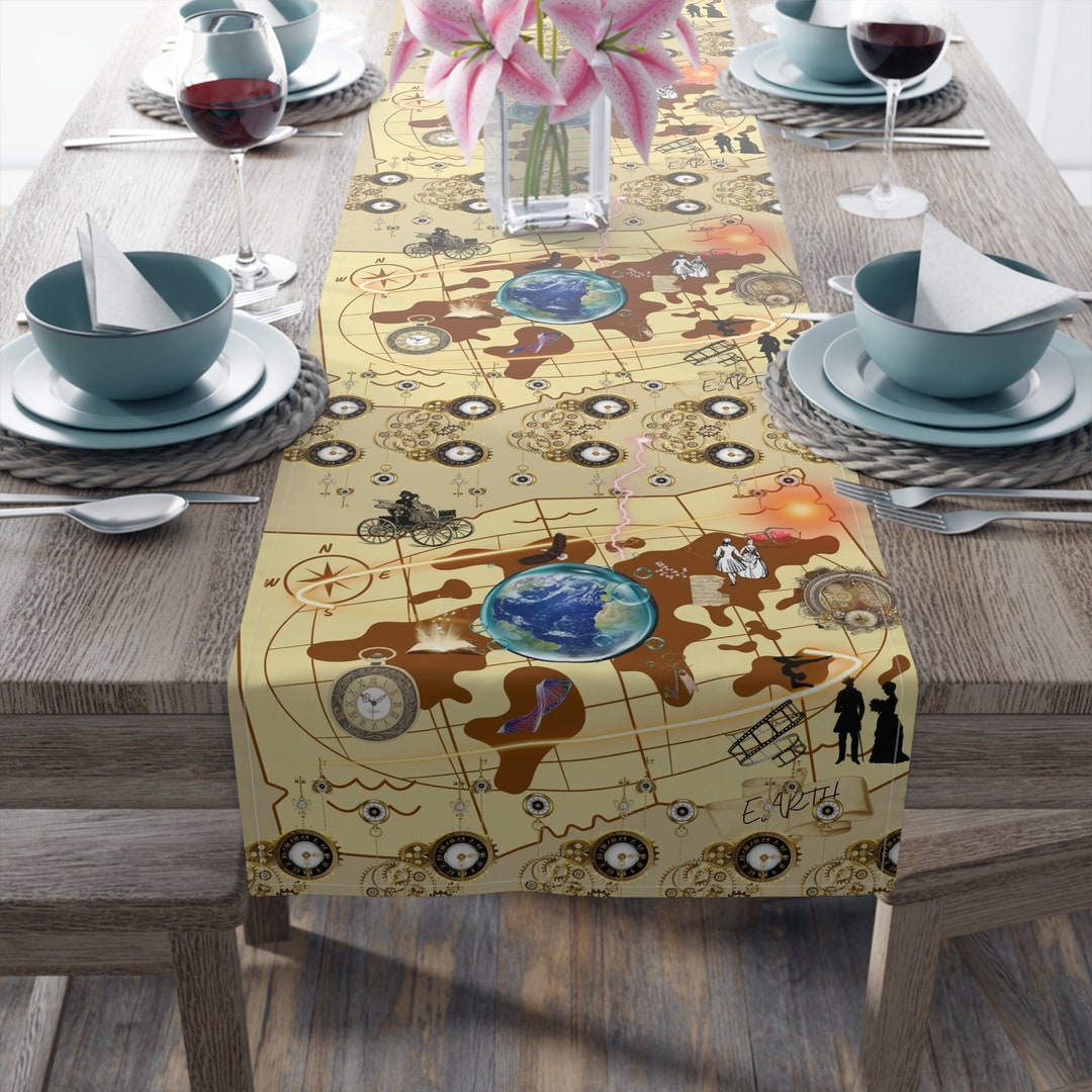 World Map Table Runner Time Travel Table Global Table Linen Adventure ...