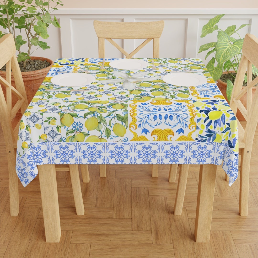 Mediterranean Blue Tiled Tablecloth Citrus Fruit Table Cloth Lemon ...