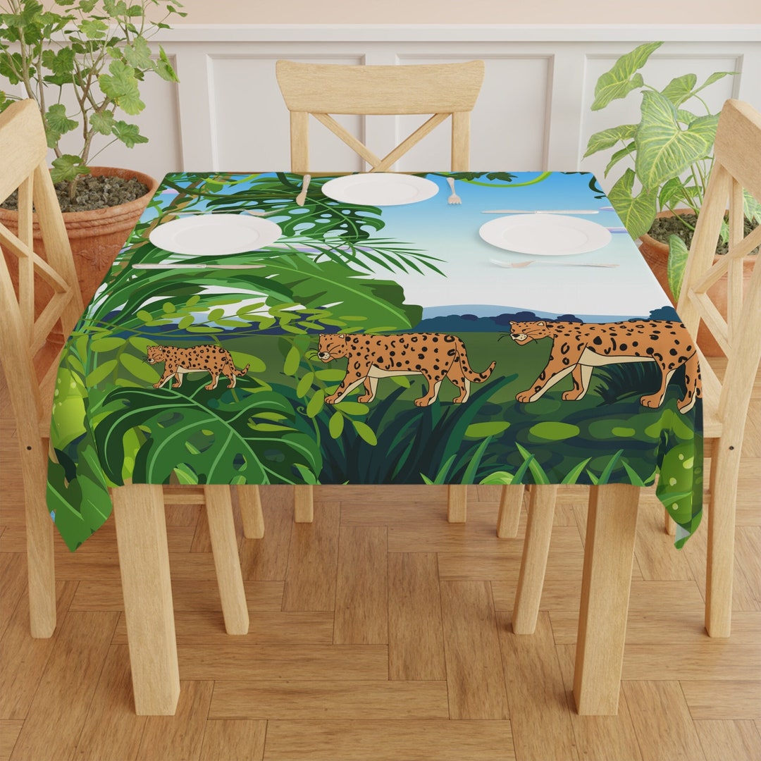 Jungle Animal Jaguar Print Tablecloth Tropical Exotic Jungle Colorful ...