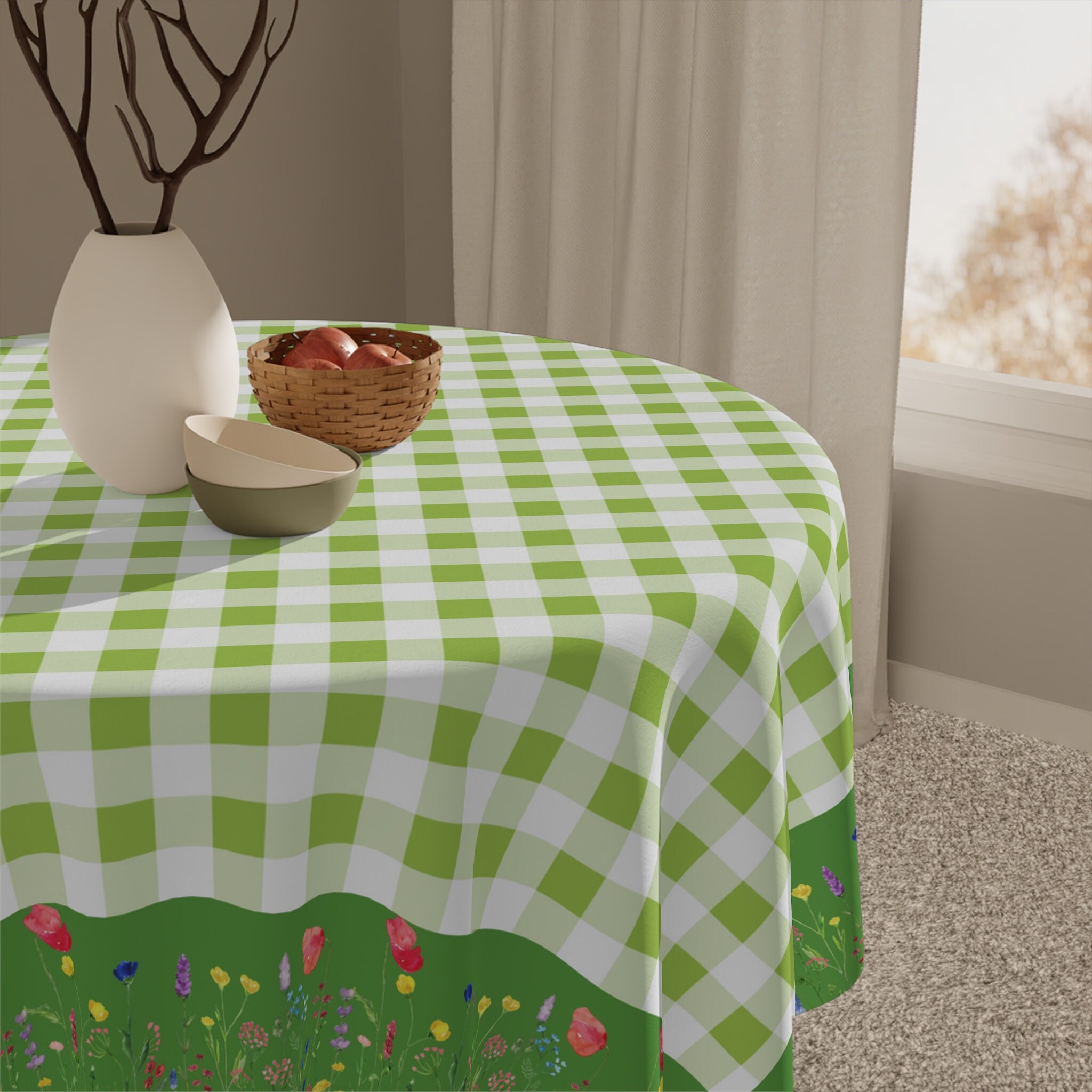 Green Gingham Floral Green Border Tablecloth Checkered Square Table ...