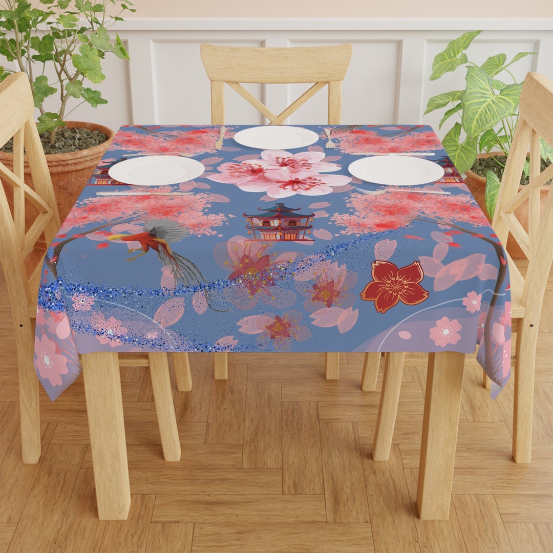 Chinoiserie Floral Blue Tablecloth Chinese Pheasant Table Cloth Cherry ...