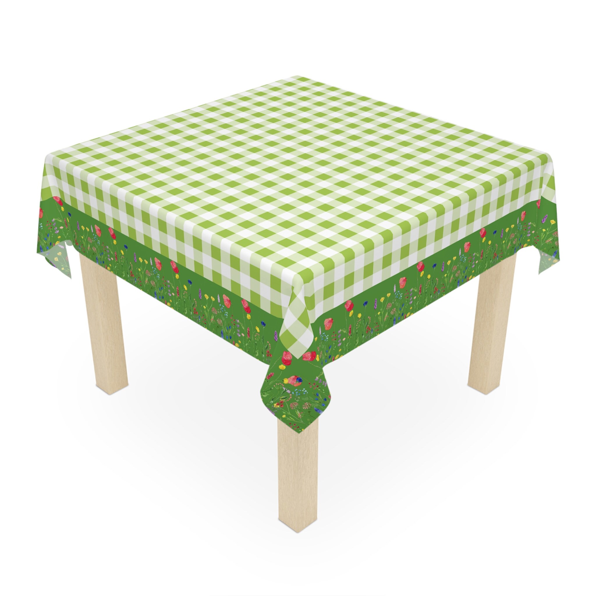 Green Gingham Floral Green Border Tablecloth Checkered Square Table ...