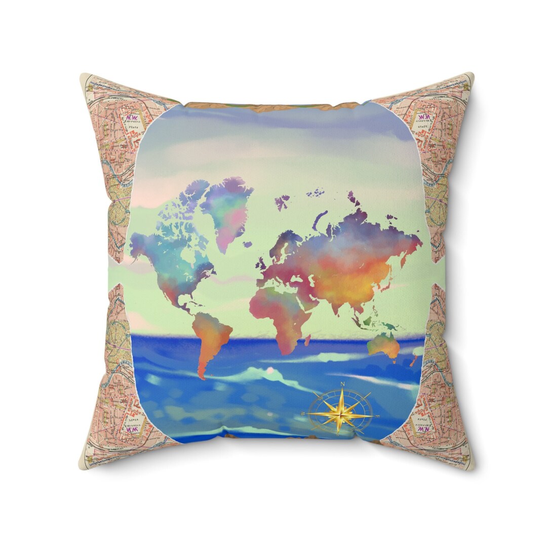 World Map Throw Pillow World Map Collage Sofa Pillow World Map Toss ...