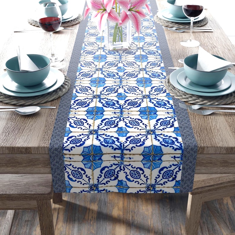 Portuguese Blue Tiled Table Runner Meditterenean Runner Traditional ...