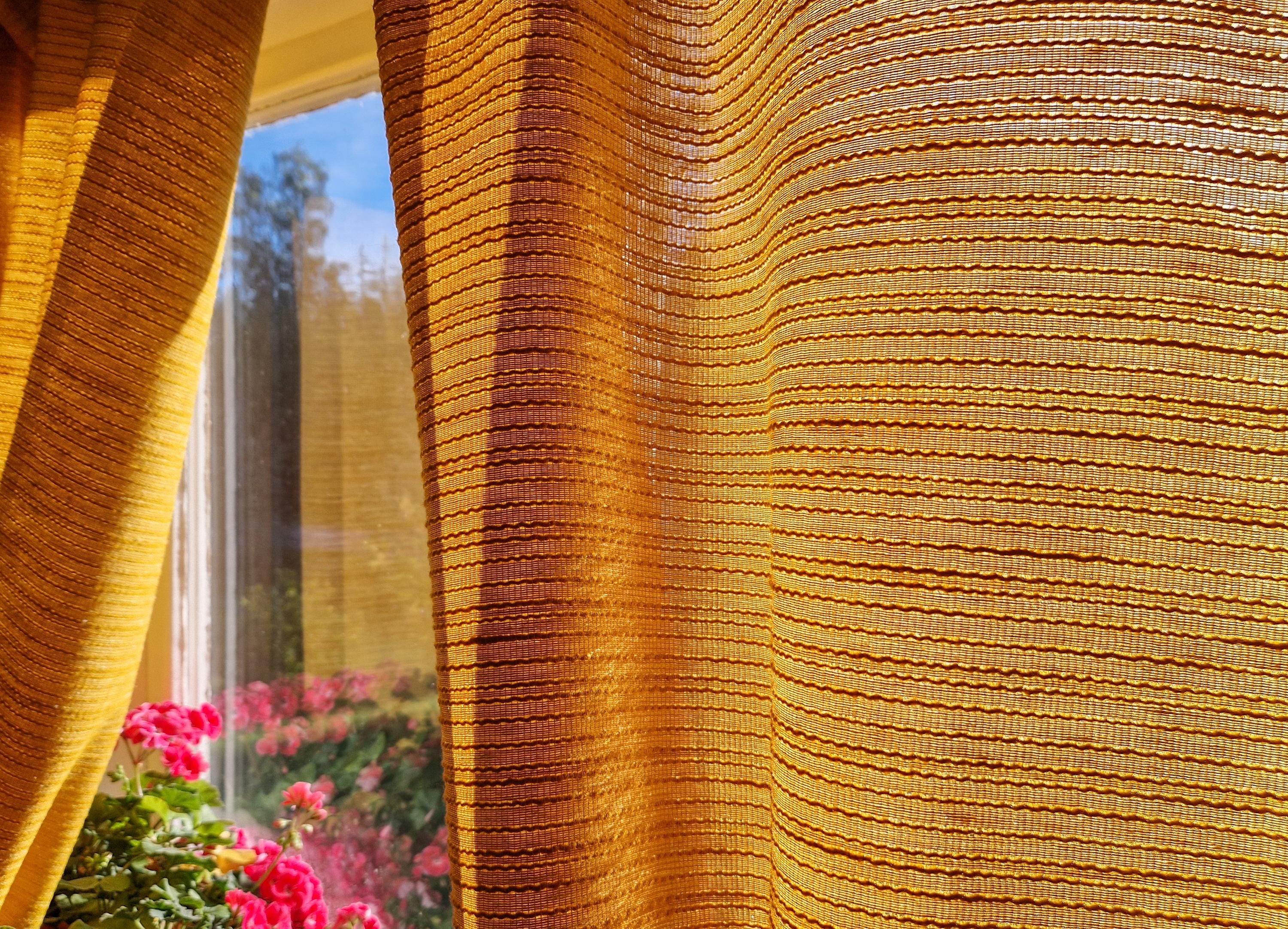 Set of 2 Vintage Sheer Net Curtains in Mustard Yellow Textured Fabric ...