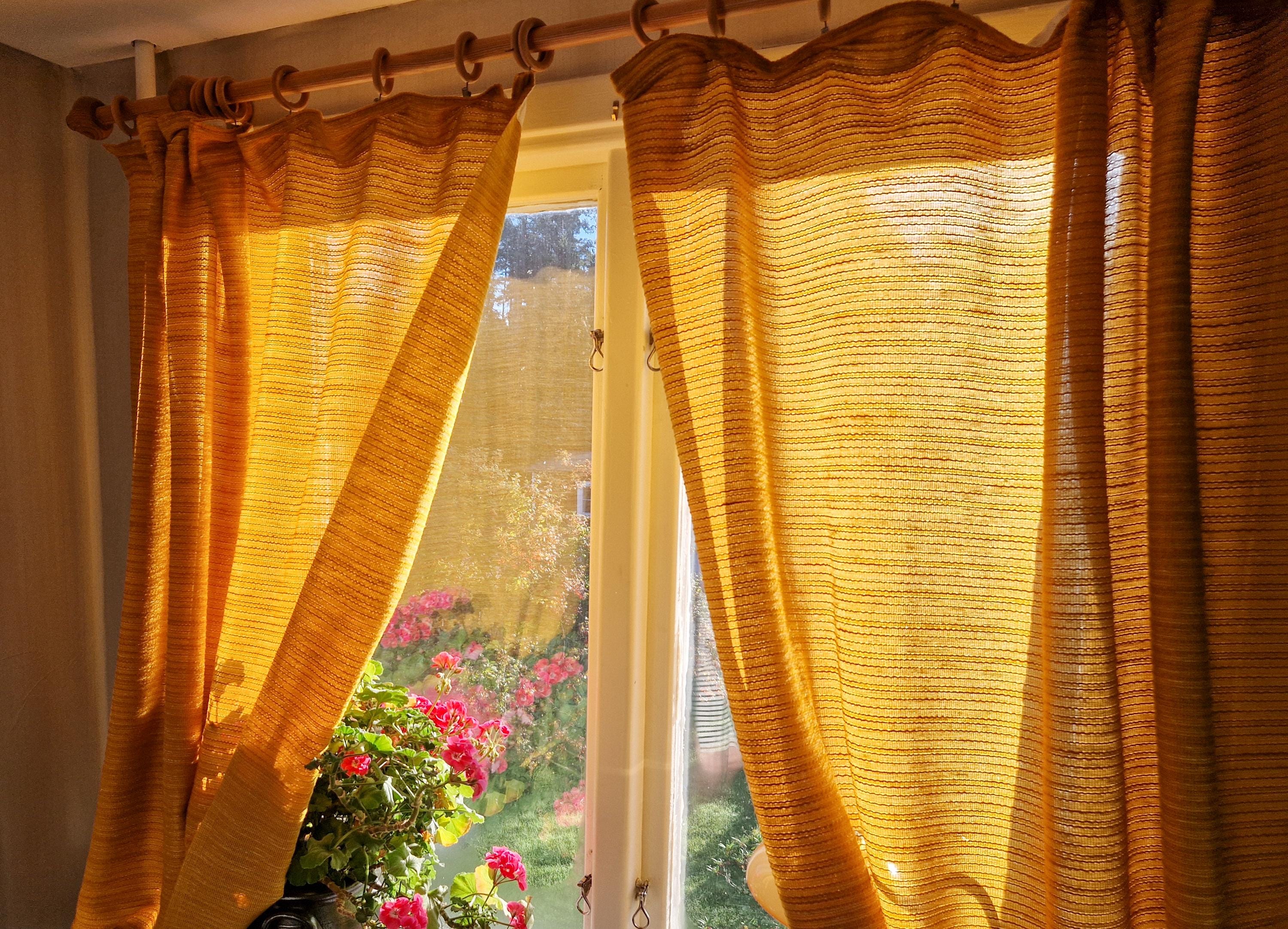 Set of 2 Vintage Sheer Net Curtains in Mustard Yellow Textured Fabric ...