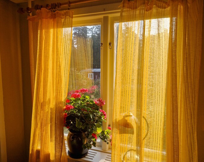 Set of 2 Vintage Sheer Net Curtains in Warm Yellow Textured Fabric ...