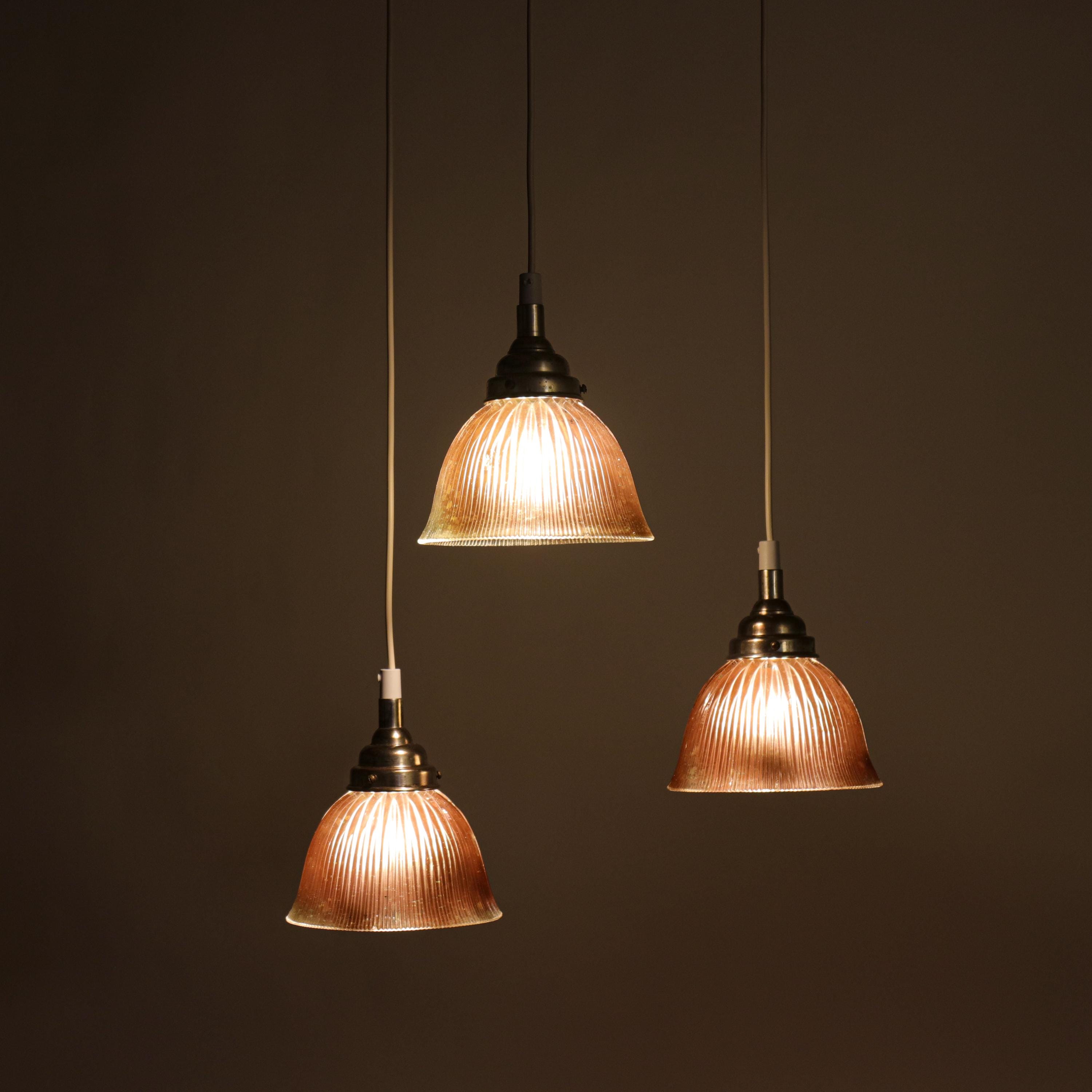 Set of 3 Antique Bell-shaped Glass Pendant Lights, 1920s, Turn of the ...