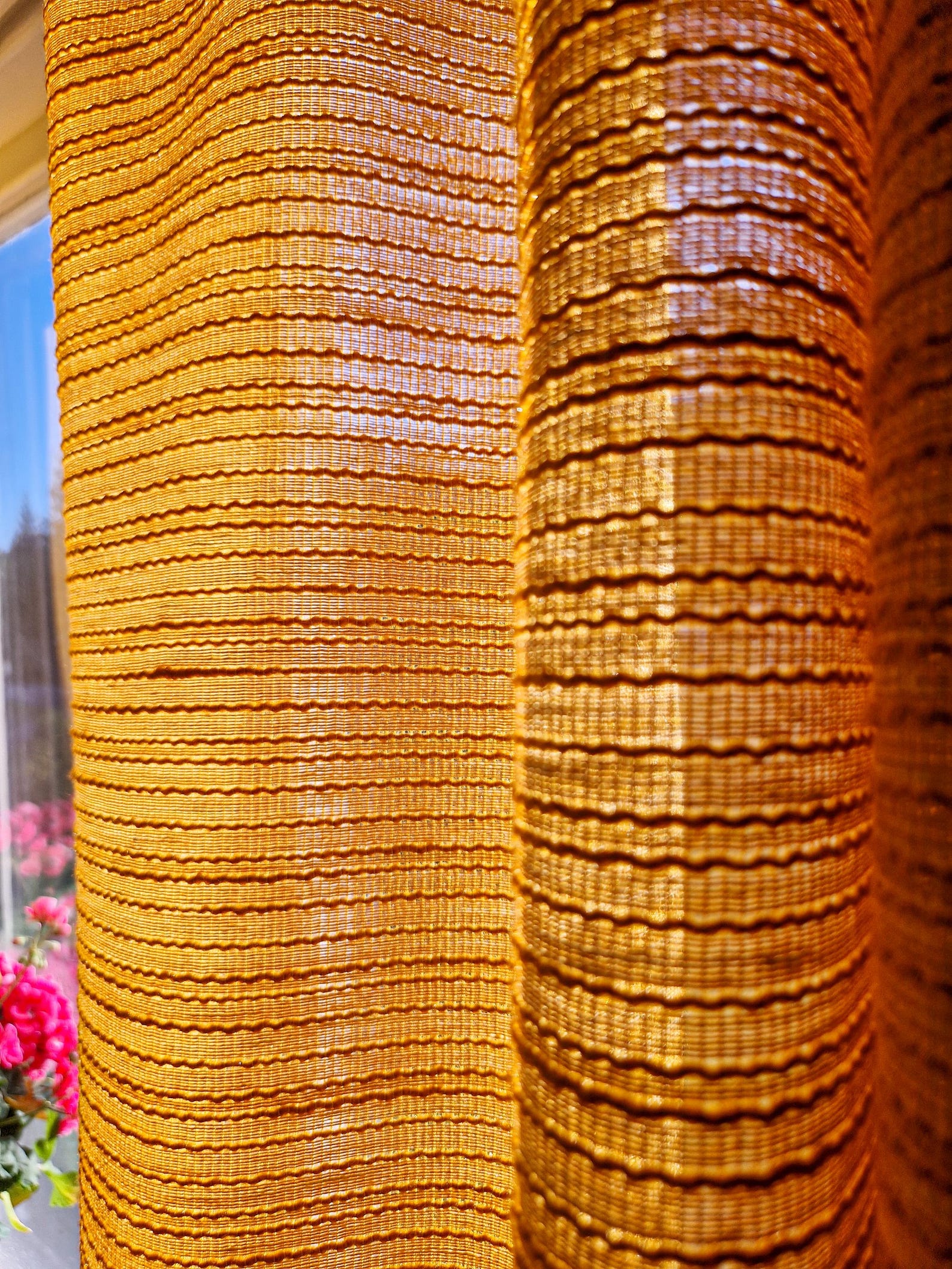 Set of 2 Vintage Sheer Net Curtains in Mustard Yellow Textured Fabric ...