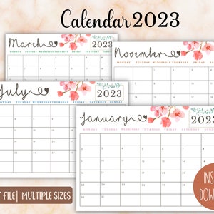 Floral Calendar 2023, Monthly 2023 Calendar, 2023 Calendar, A4 & A4 ...