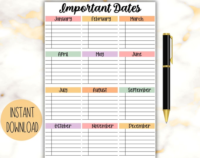 Printable Important Dates Sheet, PDF Important Dates Tracker, PDF Dates ...