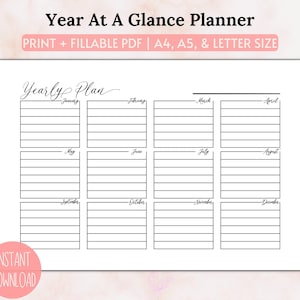 Year at A Glance Planner Printable, Yearly Plan Template, Productivity ...