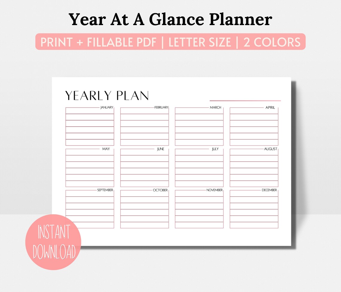 Year at A Glance Planner Printable, Yearly Plan Template, Productivity ...