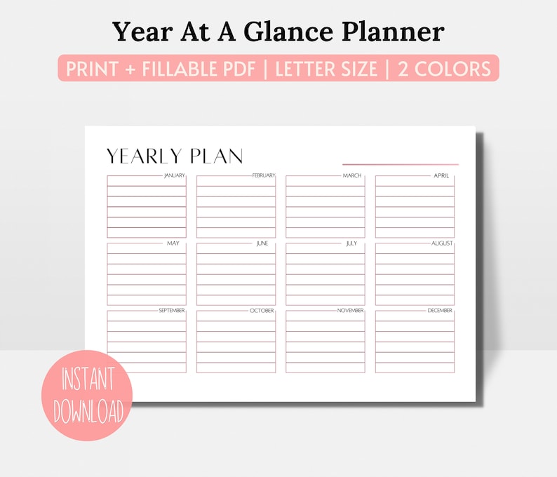 Year at A Glance Planner Printable, Yearly Plan Template, Productivity ...
