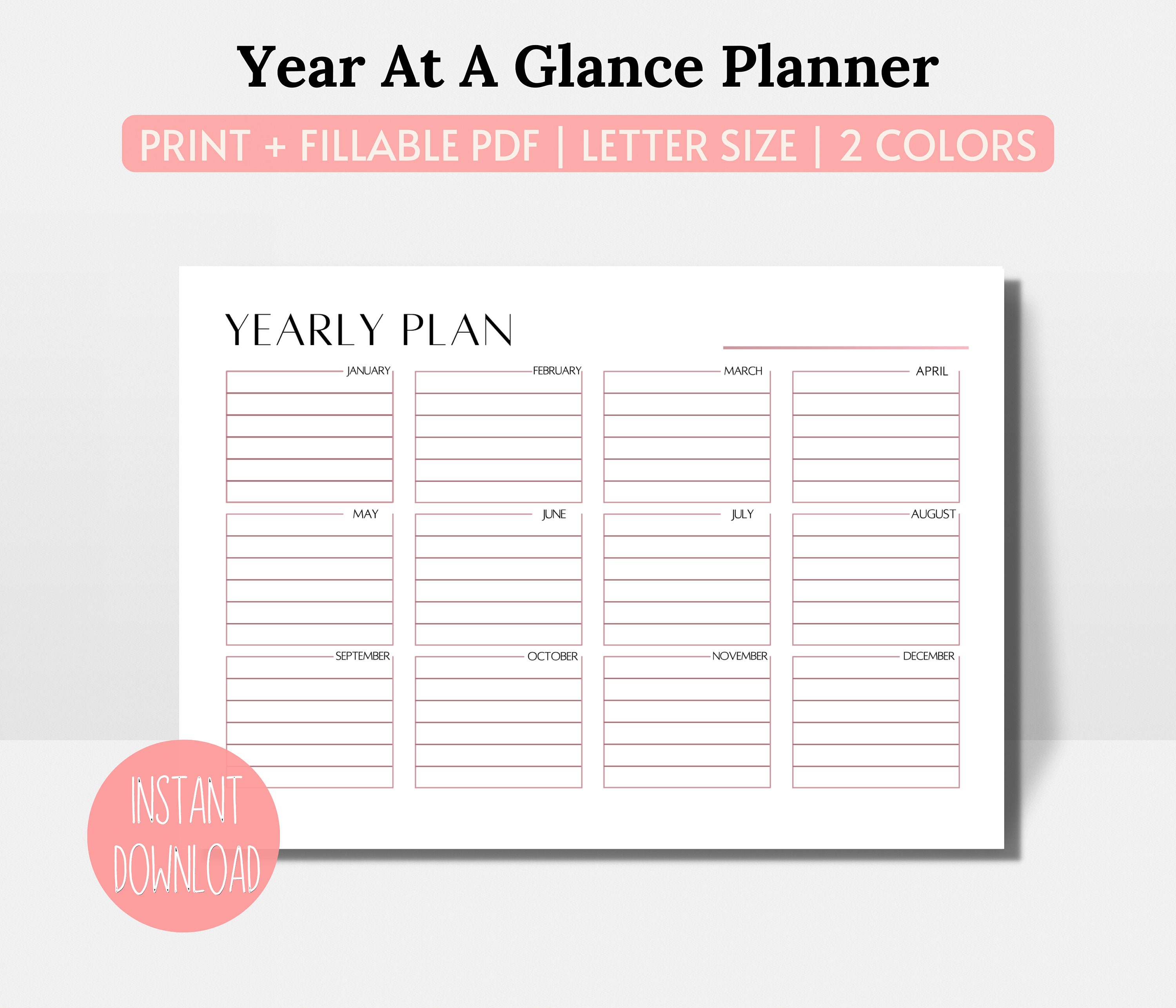 Year at A Glance Planner Printable, Yearly Plan Template, Productivity ...